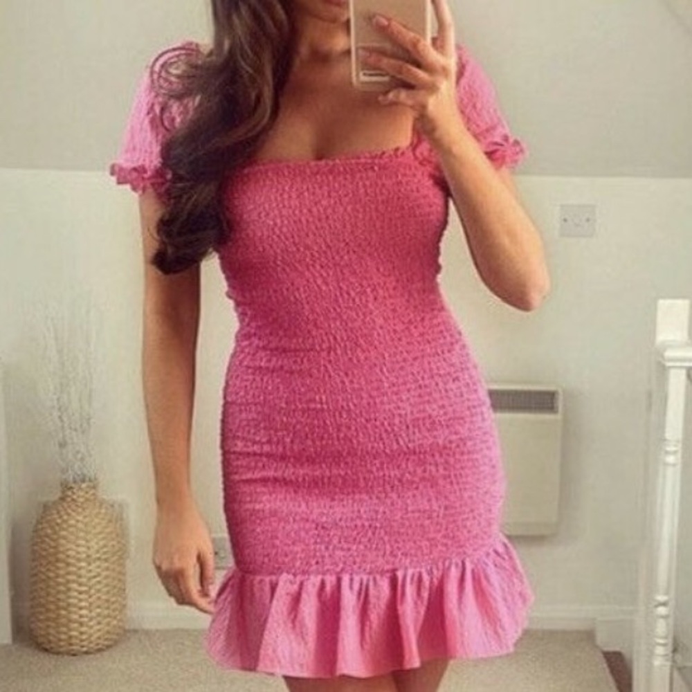 Zara Barbie Pink Smocked Ruffle Puff Sleeve Mini Dres… - Gem
